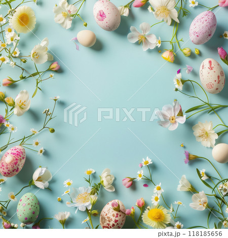 Happy Easter. Frame composition spring flowers...のイラスト素材 [118185656 ...