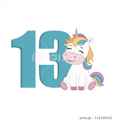 Cute cartoon unicorn with number 13 for birthday.のイラスト素材 [118190332 ...