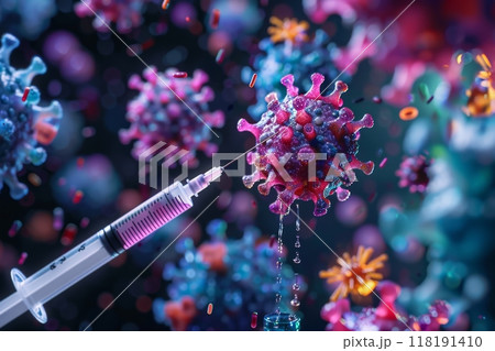Syringe injecting into a colorful virus particle.のイラスト素材 [118191410 ...