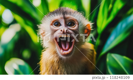 Funny monkey with open mouth making faces in...のイラスト素材 [118248109] - PIXTA