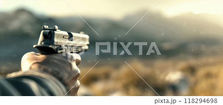 Close-up of a person aiming a handgun outdoors...のイラスト素材 [118294698 ...