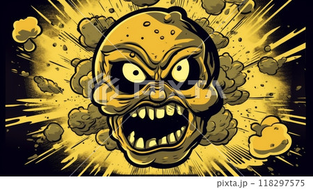 Angry yellow monster face exploding from black...のイラスト素材 [118297575 ...