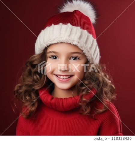 Happy little girl in a red winter hat and a red...のイラスト素材 [118328420 ...