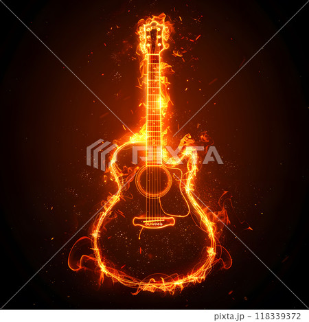 Burning flaming guitar outlines on black,...のイラスト素材 [118339372] - PIXTA