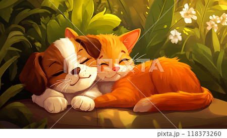 Kitten And Puppy Snuggling Cartoon Illustration...のイラスト素材 [118373260 ...