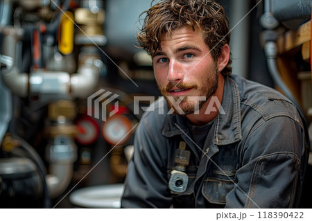 Young male plumber dressed in work clothes sits...のイラスト素材 [118390422 ...