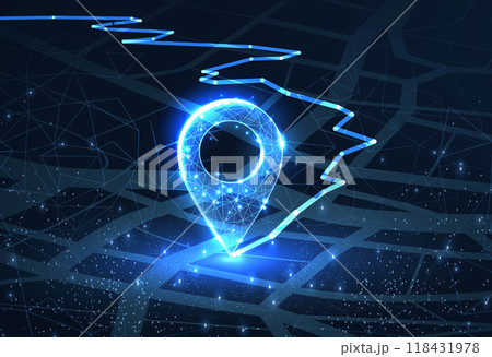 Pin icon with move path. New office location,...のイラスト素材 [118431978] - PIXTA