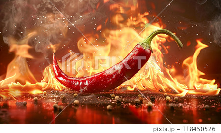Fiery Chili Pepper on a Flaming Backgroundのイラスト素材 [118450526] - PIXTA