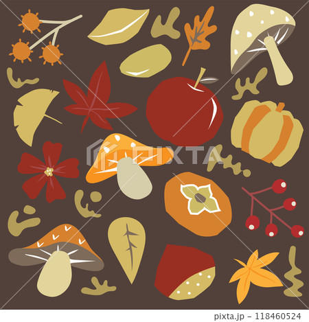 手描きのきのこや果実と葉の秋背景デザインのイラスト素材 [118460524] - PIXTA
