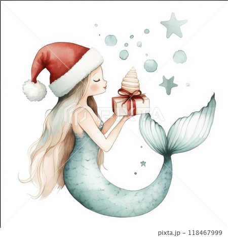 A festive mermaid wearing a Santa hat, holding...のイラスト素材 [118467999 ...