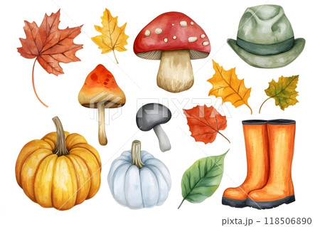 A set of fall objects, watercolor のイラスト素材 [118506890] - PIXTA