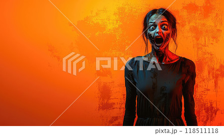 Scary excited woman as zombie on card or banner...のイラスト素材 [118511118 ...