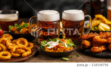 Beer mugs. Two beer mugs surrounded by...のイラスト素材 [118536756] - PIXTA
