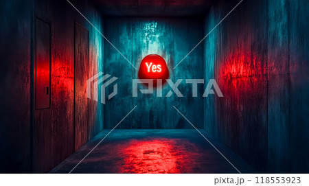 Red yes button glowing in dark room with two doorsのイラスト素材 [118553923 ...