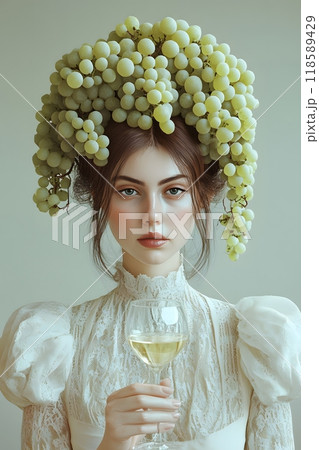 Beautiful girl with grape hairstyle, glass of...のイラスト素材 [118589429] - PIXTA