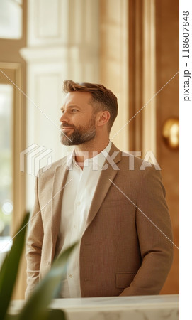 Hotel Manager Greeting Guests at the Reception...のイラスト素材 [118607848 ...
