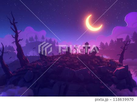 Spooky Halloween night with moon, cartoon 3D...のイラスト素材 [118639970] - PIXTA