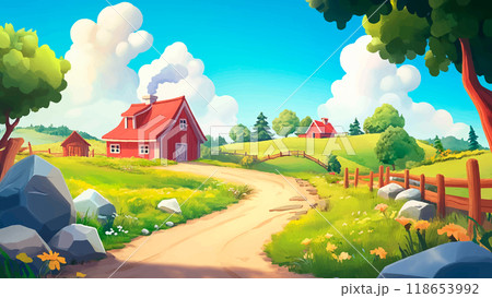 Rural Landscape With Farm Cartoon Illustration...のイラスト素材 [118653992 ...