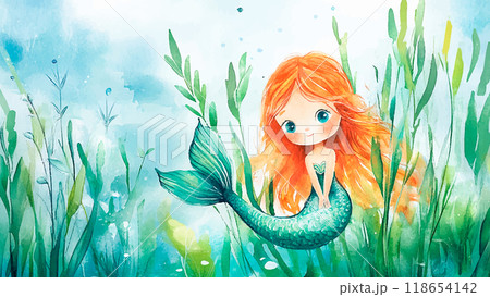 Beautiful Mermaid Hiding In Reeds Watercolor...のイラスト素材 [118654142] - PIXTA