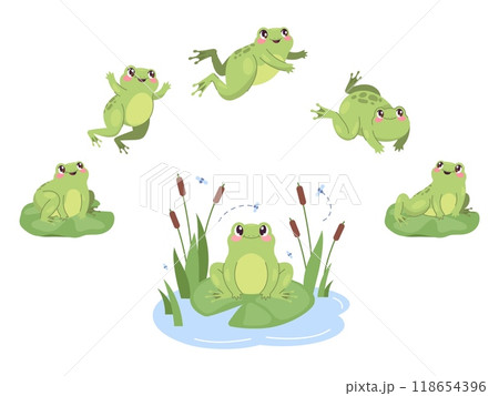 Jumping frog. Cartoon frogs jump movement...のイラスト素材 [118654396] - PIXTA