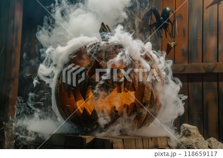 Jack-o-lantern with Faint Ghost Rising Out of...のイラスト素材 [118659117] - PIXTA