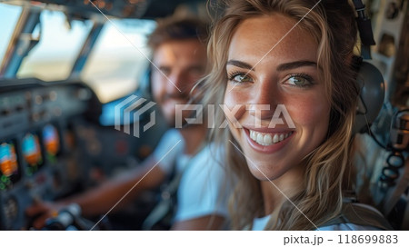 Smiling man and woman having fun in airplane...のイラスト素材 [118699883] - PIXTA