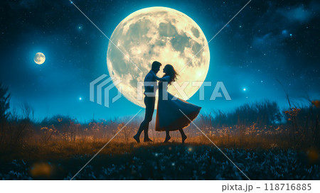 A couple under the full moon hugs, stands,...のイラスト素材 [118716885] - PIXTA