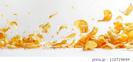 Potato chips, rising, bullet shot, solid white...のイラスト素材 [118729694 ...