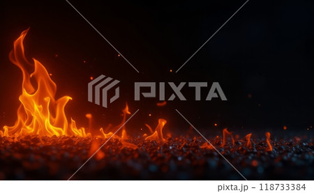 Fire flames glow brightly with embers rising in...のイラスト素材 [118733384 ...