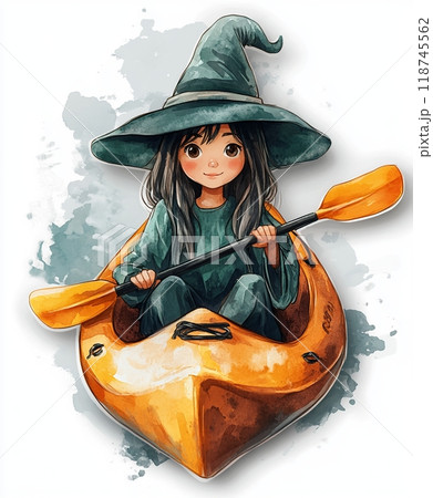 Cute young Witch on kayak with paddle, front...のイラスト素材 [118745562] - PIXTA