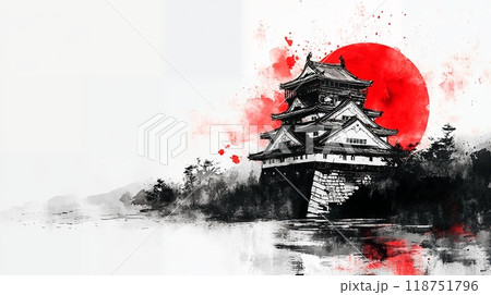 赤と黒の墨で描かれた水墨画 AIのイラスト素材 [118751796] - PIXTA