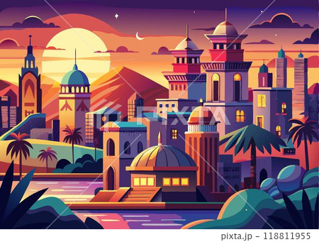 Sunset arabic city. Arab urban building...のイラスト素材 [118811955] - PIXTA