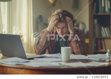 Stressed young man holding head in hands and...のイラスト素材 [118818051] - PIXTA