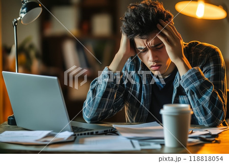 Stressed young man holding head in hands and...のイラスト素材 [118818054] - PIXTA