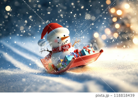 A snowman is riding a sled with a bunch of...のイラスト素材 [118818439] - PIXTA