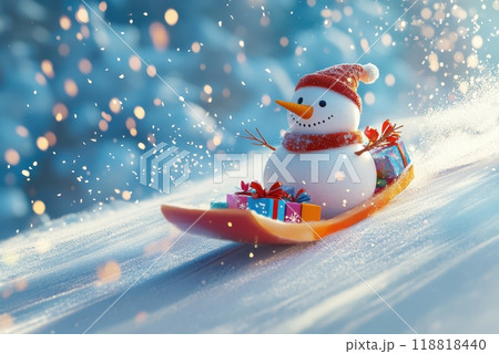 A snowman is riding a sled with a bunch of...のイラスト素材 [118818440] - PIXTA