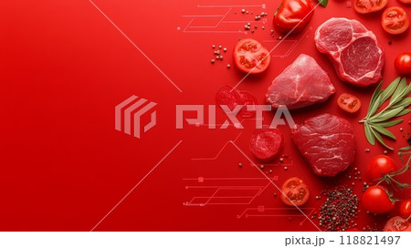 Top view of various raw meats and tomatoes on a...のイラスト素材 [118821497 ...