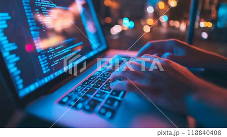 Hands typing code on a laptop with a vibrant...のイラスト素材 [118840408] - PIXTA