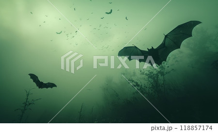 Two bats flying in the air over a forest with...のイラスト素材 [118857174] - PIXTA