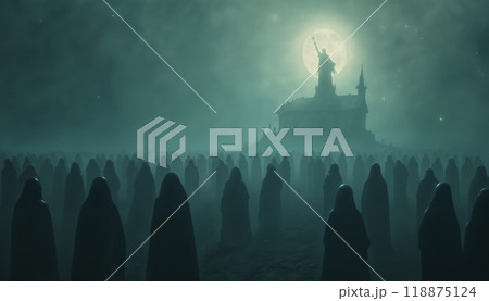 A crowd of ghosts near a church with statue on...のイラスト素材 [118875124 ...