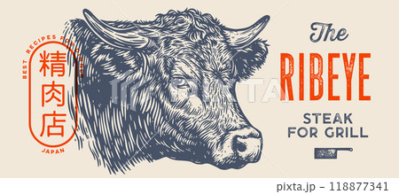 Cow, bull, beef head, meat tag label. Template...のイラスト素材 [118877341 ...