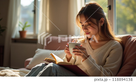 A Womans Peaceful Break with Coffee and a Bookのイラスト素材 [118894138] - PIXTA