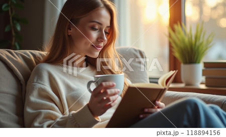 A Womans Peaceful Break with Coffee and a Bookのイラスト素材 [118894156] - PIXTA