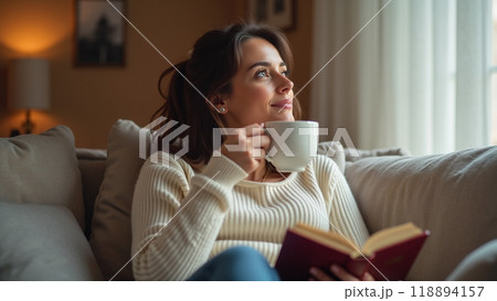 A Womans Peaceful Break with Coffee and a Bookのイラスト素材 [118894157] - PIXTA