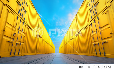 Bright yellow shipping containers align under a...のイラスト素材 [118905478 ...