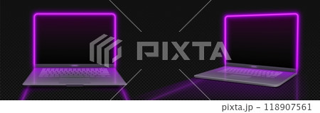 Laptop mockup with purple neon frame around screenのイラスト素材 [118907561 ...
