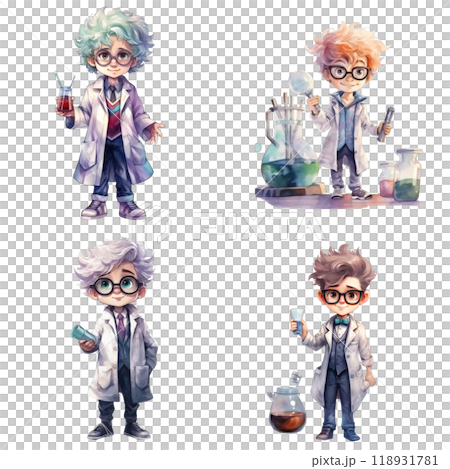 Four Cartoon Boys Dressed as Scientists Holding...のイラスト素材 [118931781 ...
