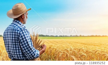 Farmer standing in golden wheat field during...のイラスト素材 [118935252] - PIXTA