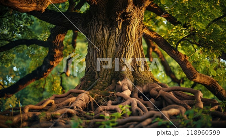 A close-up of a mature oak tree's sturdy...のイラスト素材 [118960599] - PIXTA