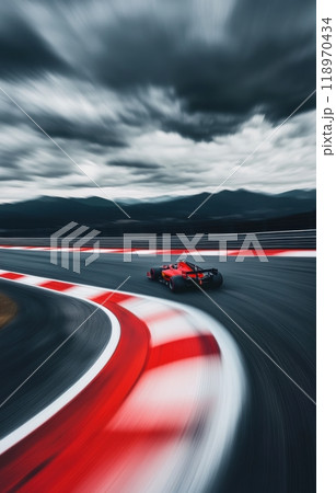 Red Formula 1 race car speeding around sharp...のイラスト素材 [118970434] - PIXTA